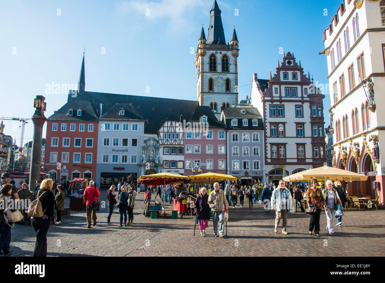Main market in the center of medieval Trier, Moselle Valley, Rhineland ...