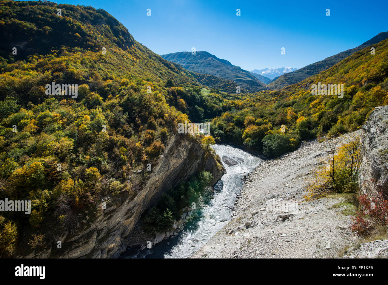 The Caucasian Mountains in fall with the Argun River, Chechnya ...