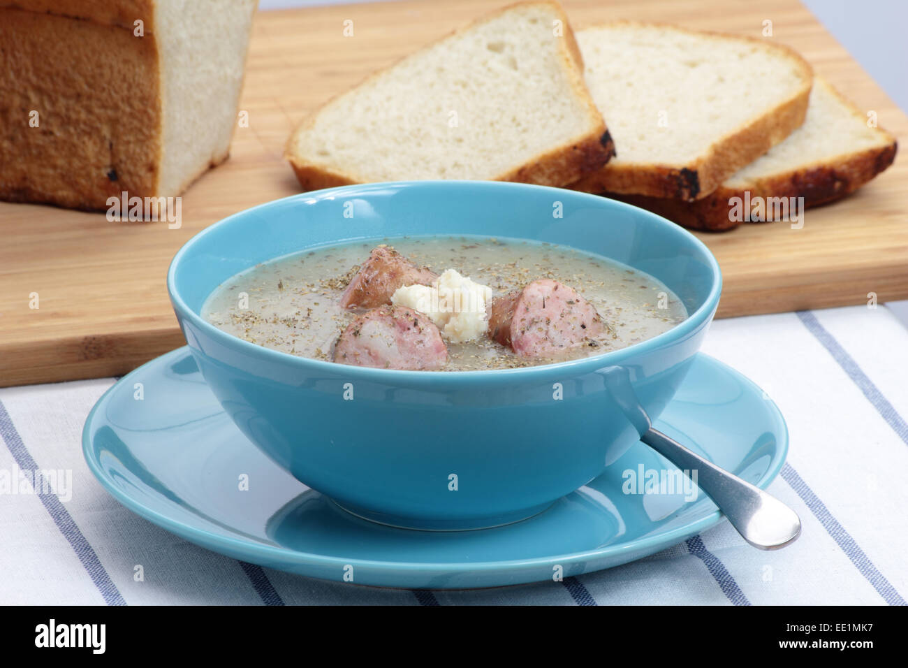 Soup made from fermented rye flour with egg and sausage, traditional ...