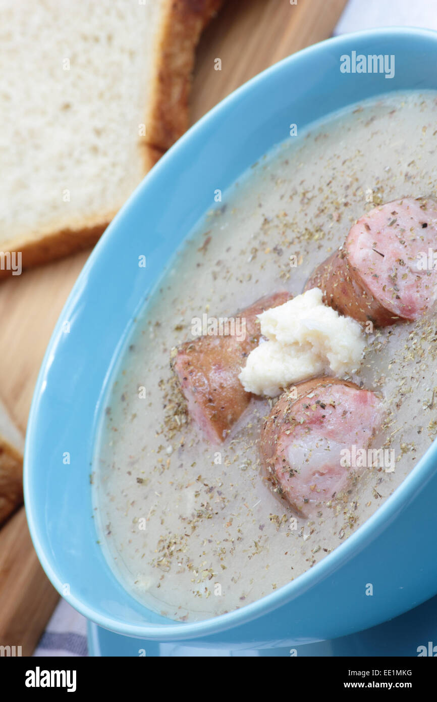 Soup made from fermented rye flour with egg and sausage, traditional ...