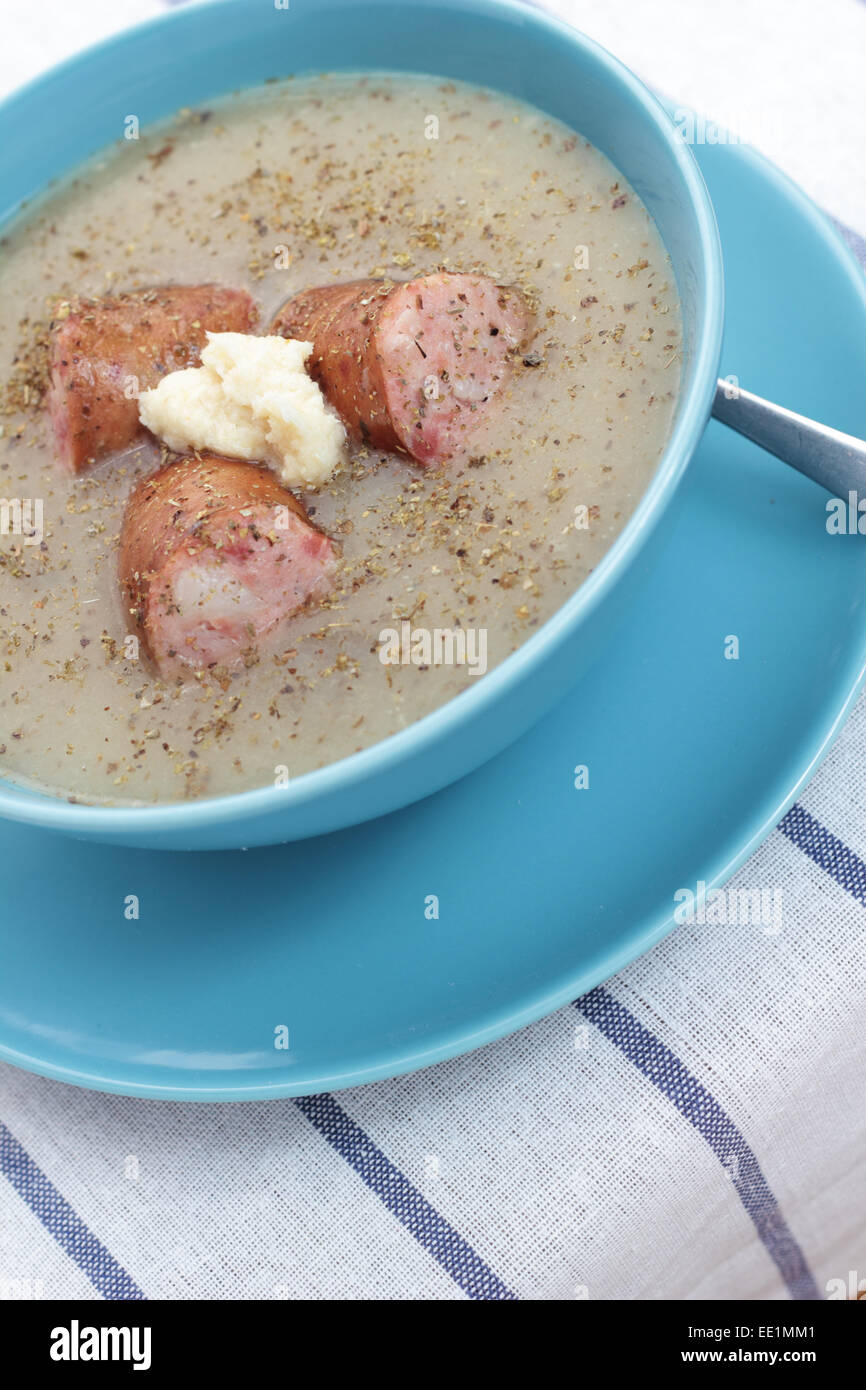 Soup made from fermented rye flour with egg and sausage, traditional ...