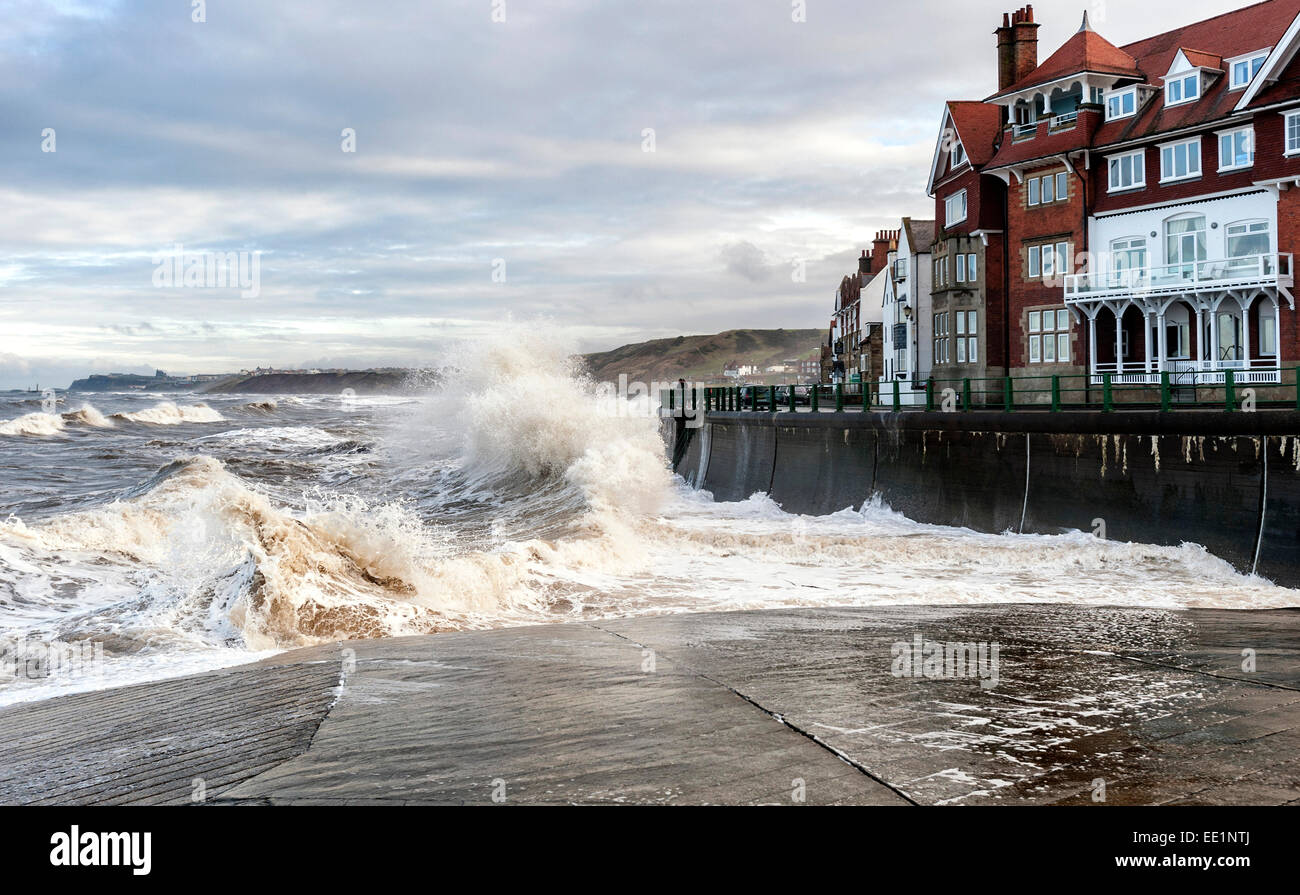 High tide & stormy seas at Sandsend near Whitby Stock Photo - Alamy