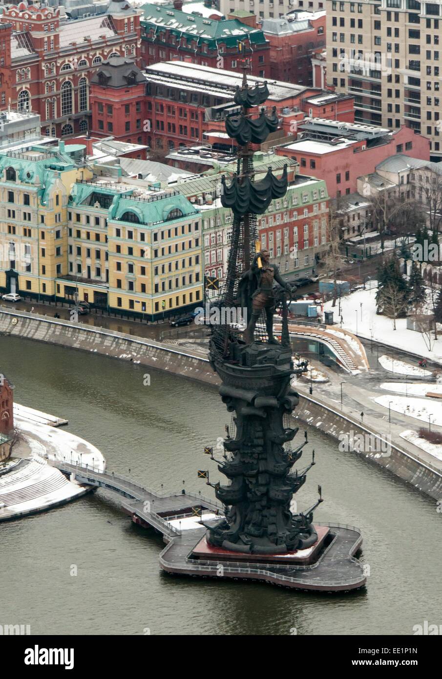 Moscow, Russia. The Peter the Great Statue is a 98-metre-high monument ...