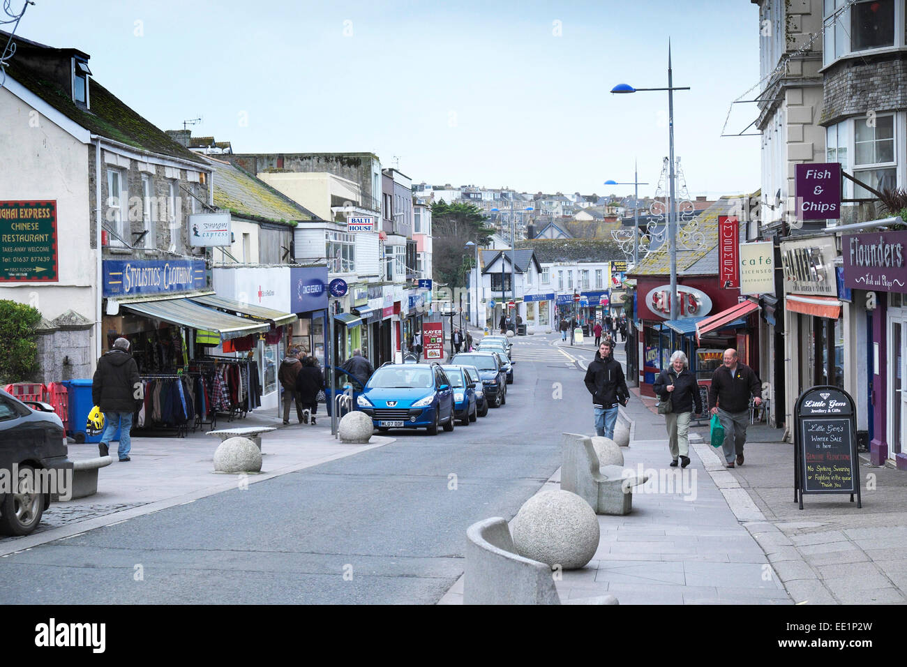 A cold winter's day in Newquay Town Centre, Cornwall, England, UK Stock ...
