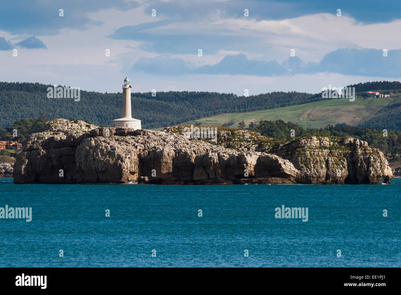 Lighthouse at the Mouro Island. Santader, Cantabria, Spain Stock Photo ...
