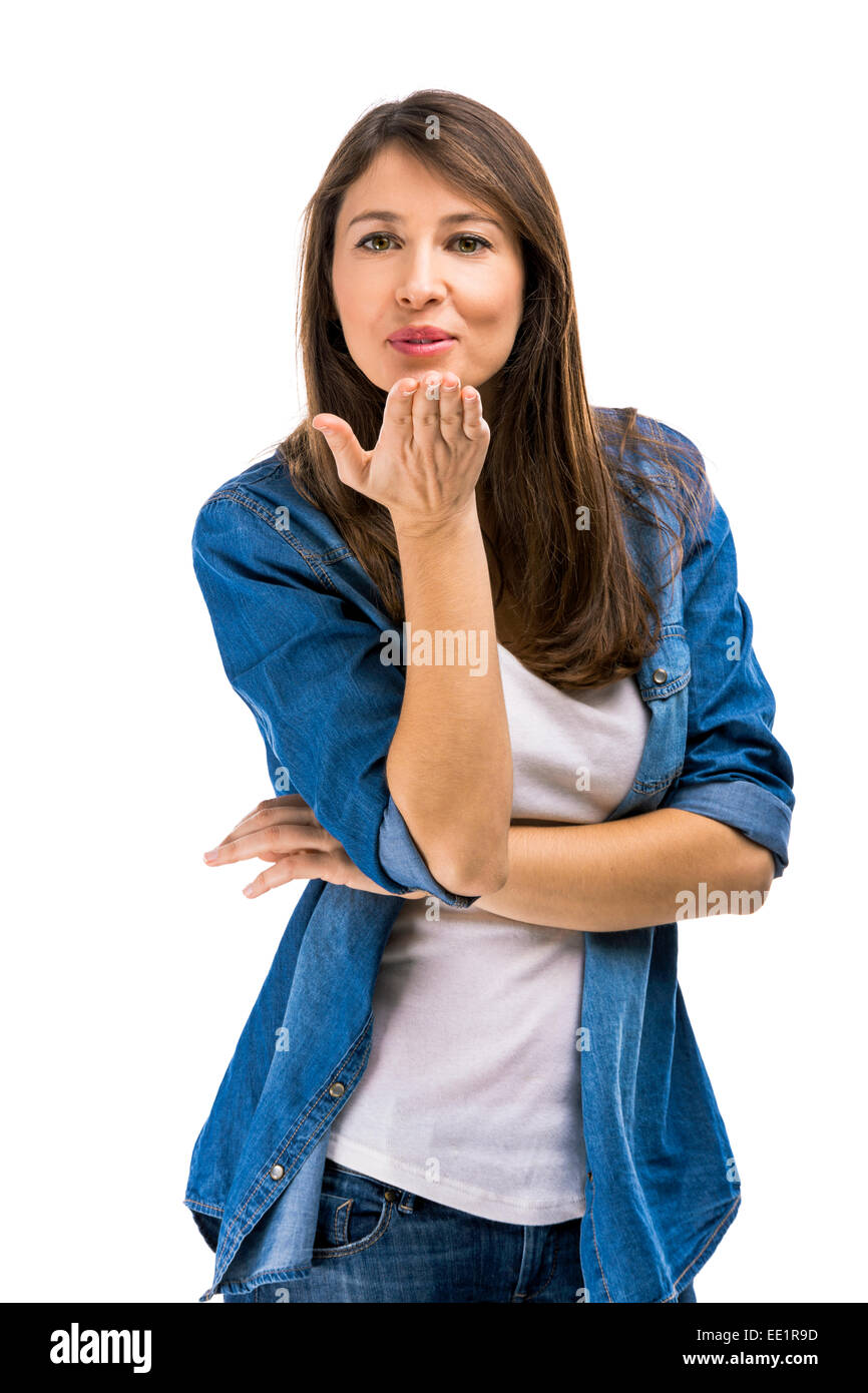 Beautiful Woman Sending A Kiss Isolated Over White Background Stock
