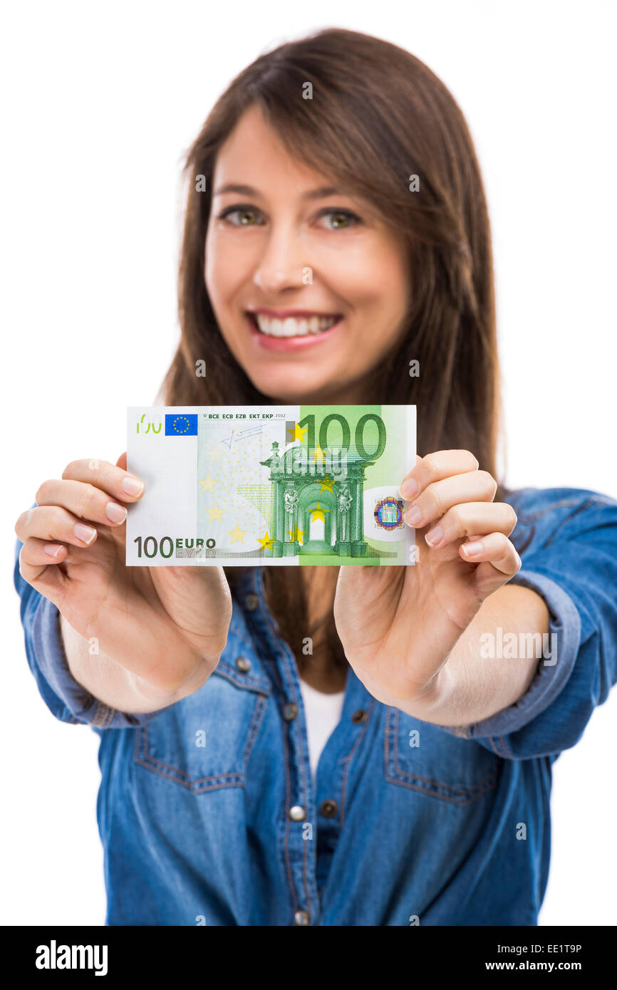 Beauitful woman holding some Euro currency notes, isolated over white ...
