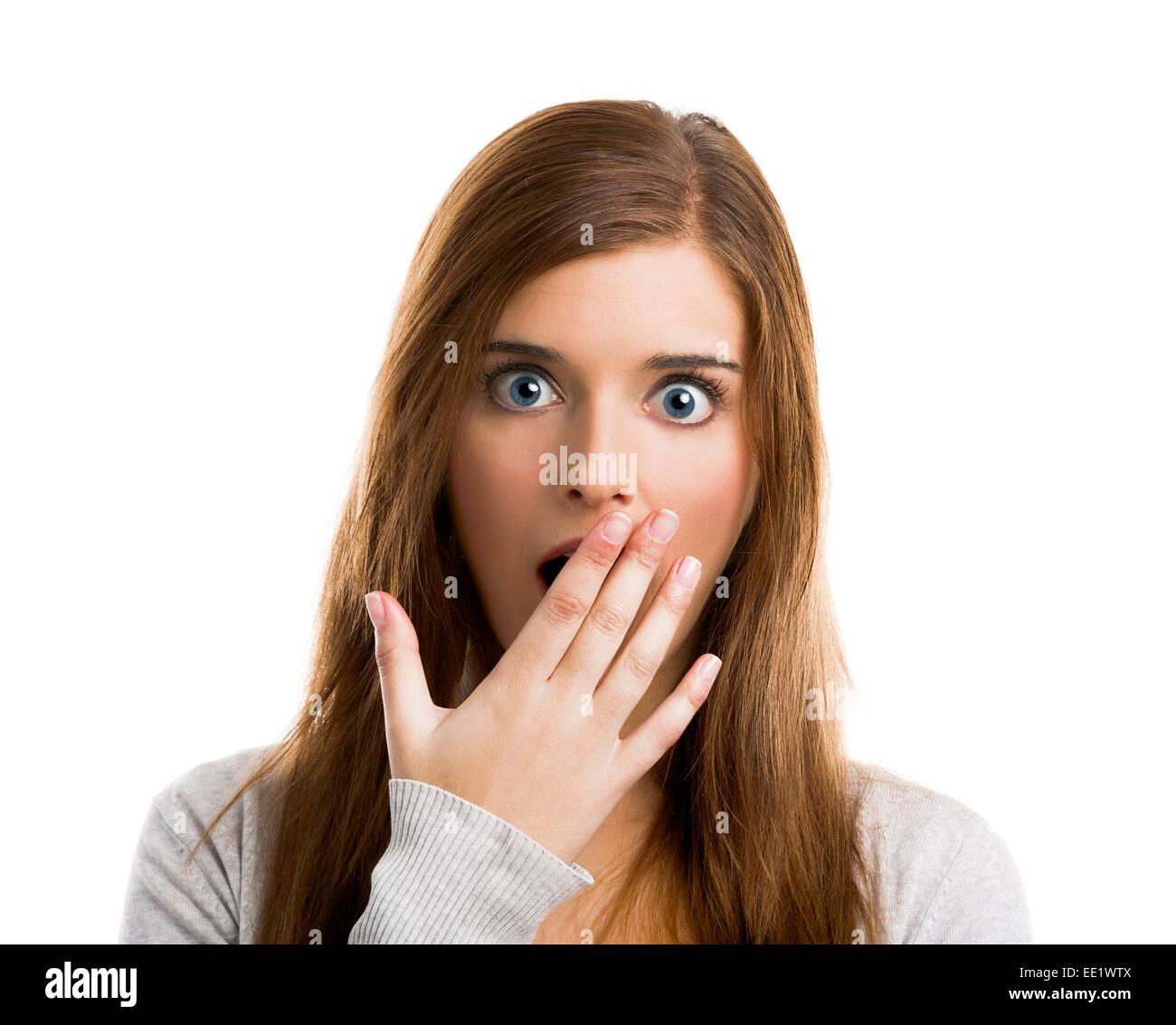 Beautiful blonde woman isolated over a white background with an a ...
