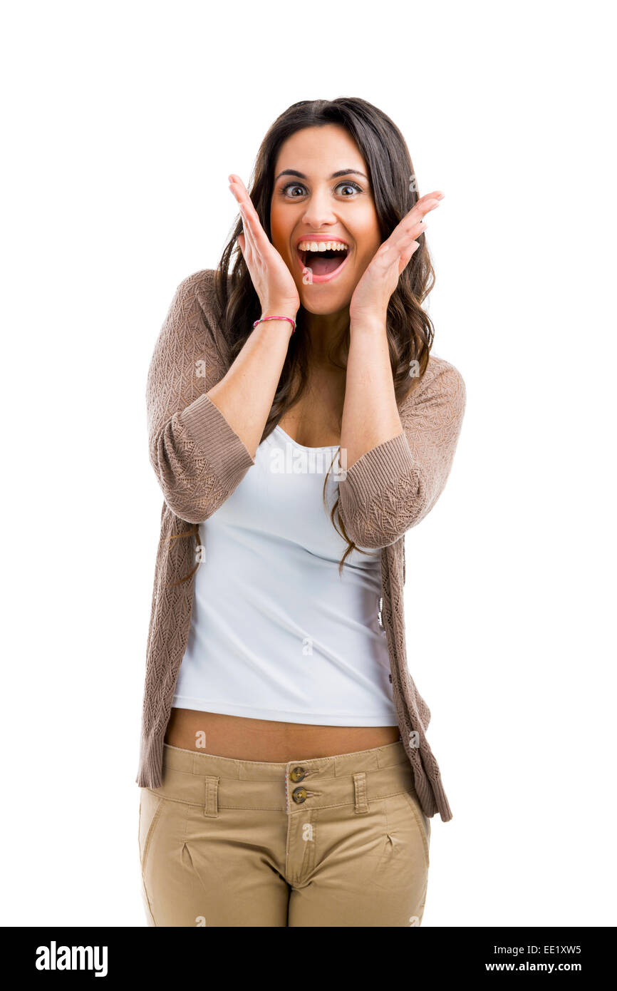 Beautiful happy woman surprised with something, isolated on white Stock ...