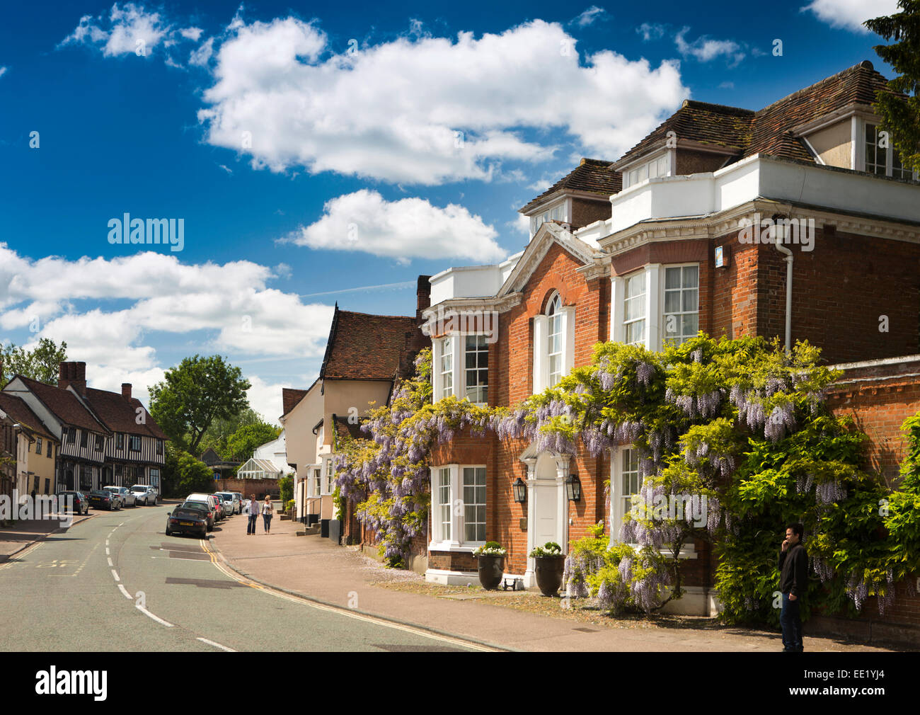 UK England, Suffolk, Lavenham, Church Street, wisteria clad Regency ...