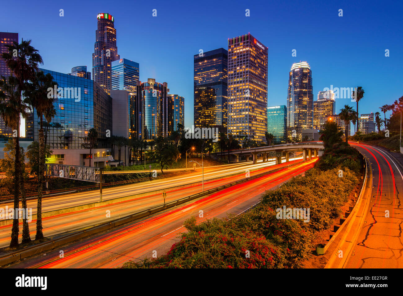 Downtown skyline at sunrise, Los Angeles, California, USA Stock Photo ...