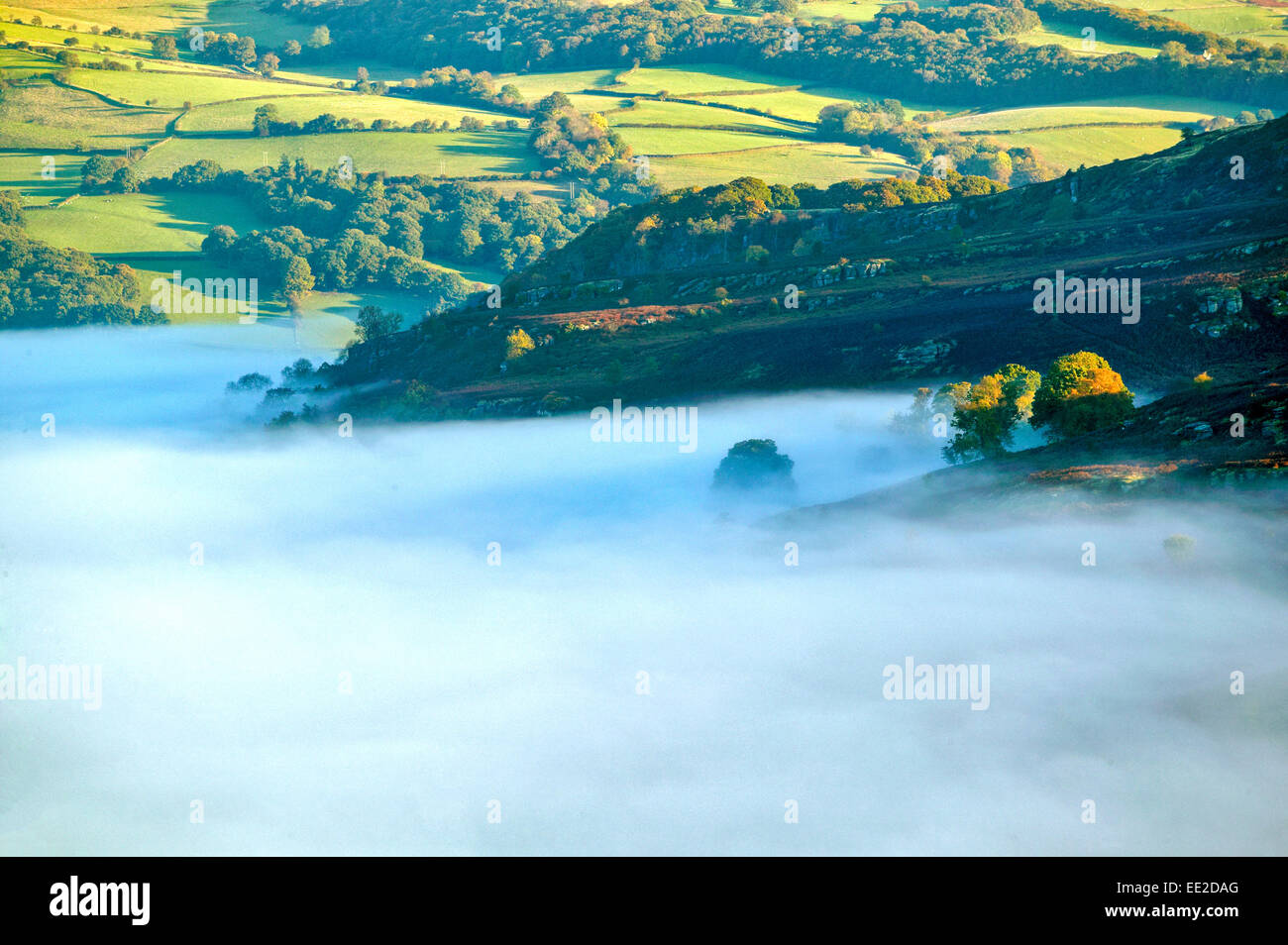 AUTUMNAL MIST OVER THE WYE VALLEY AND RIVER NEAR BUILTH WELLS POWYS ...