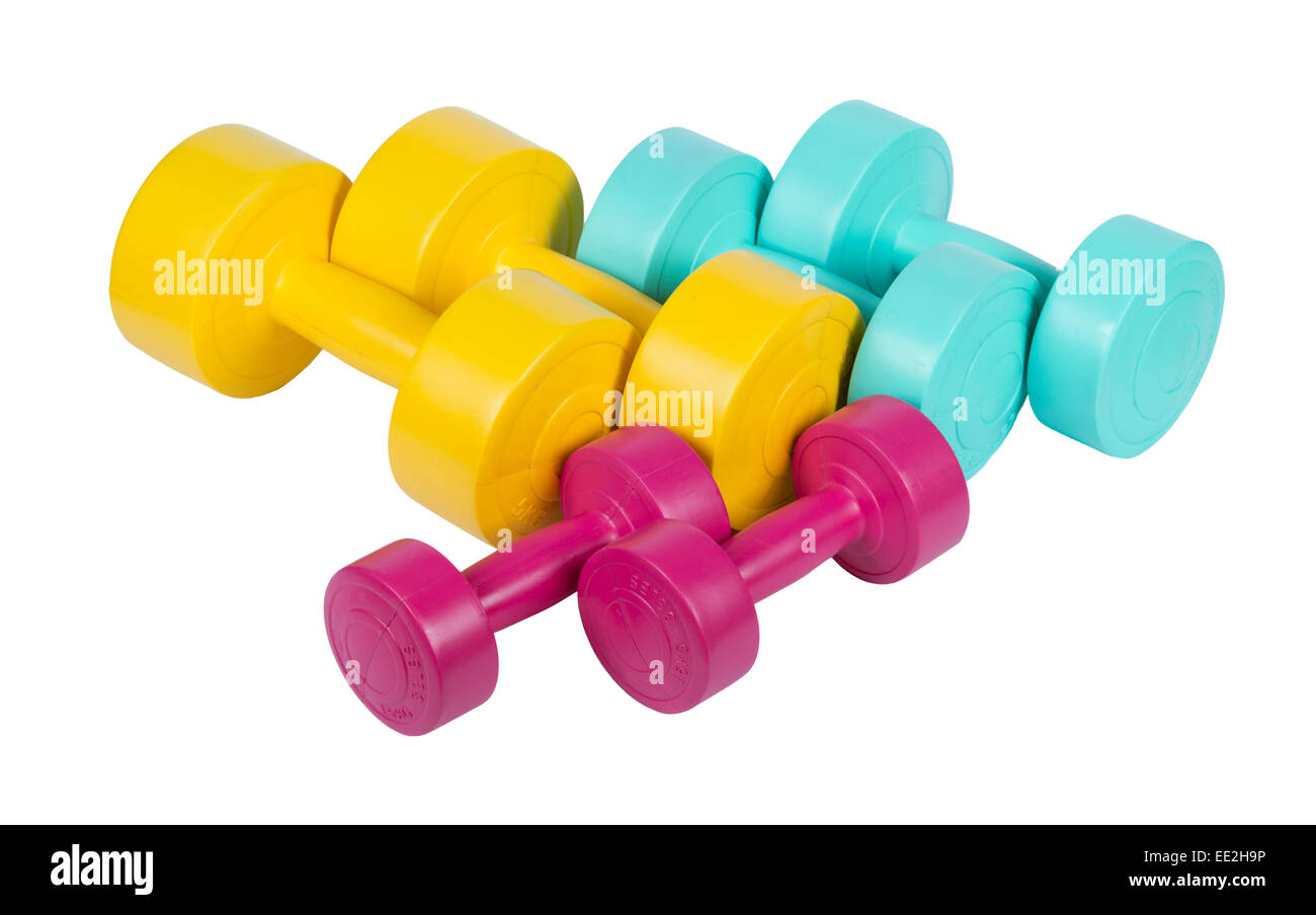 Dumbbells colorful white background Cut Out Stock Images & Pictures - Alamy