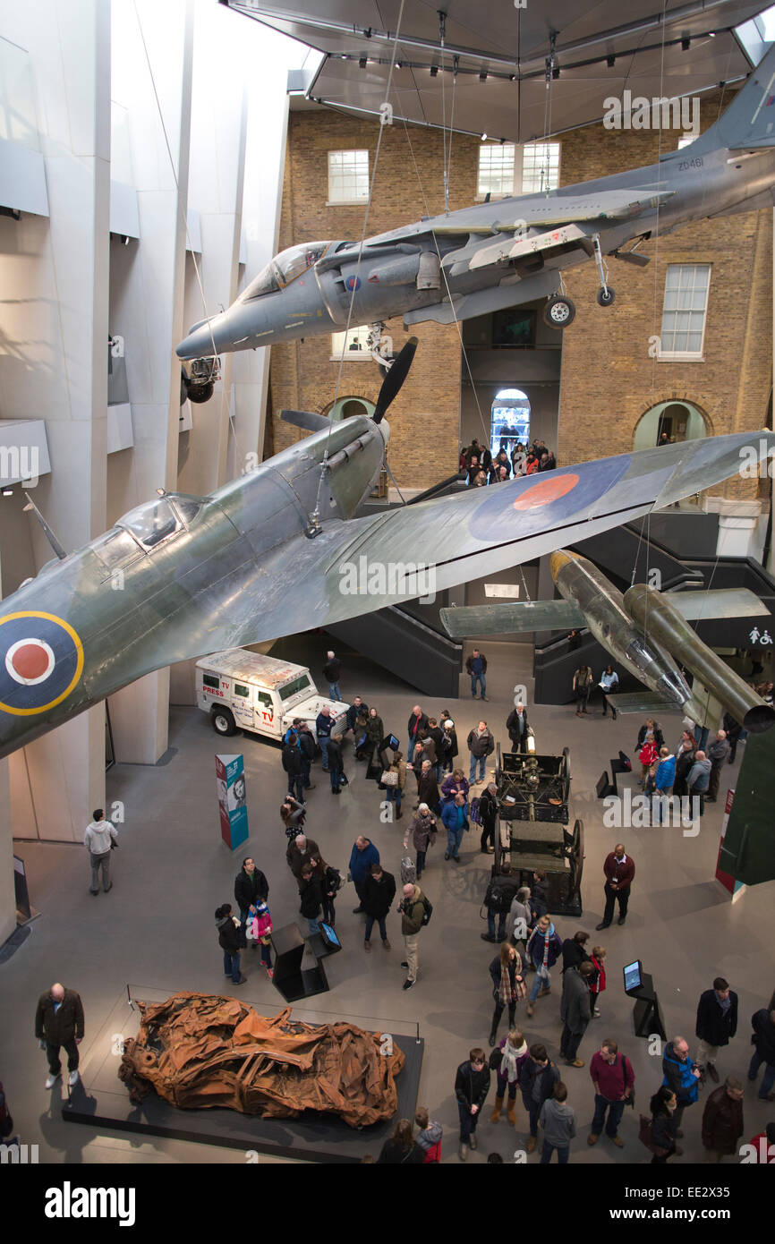 Harrier and Spitfire suspended in the atrium, exhibited at the Imperial ...