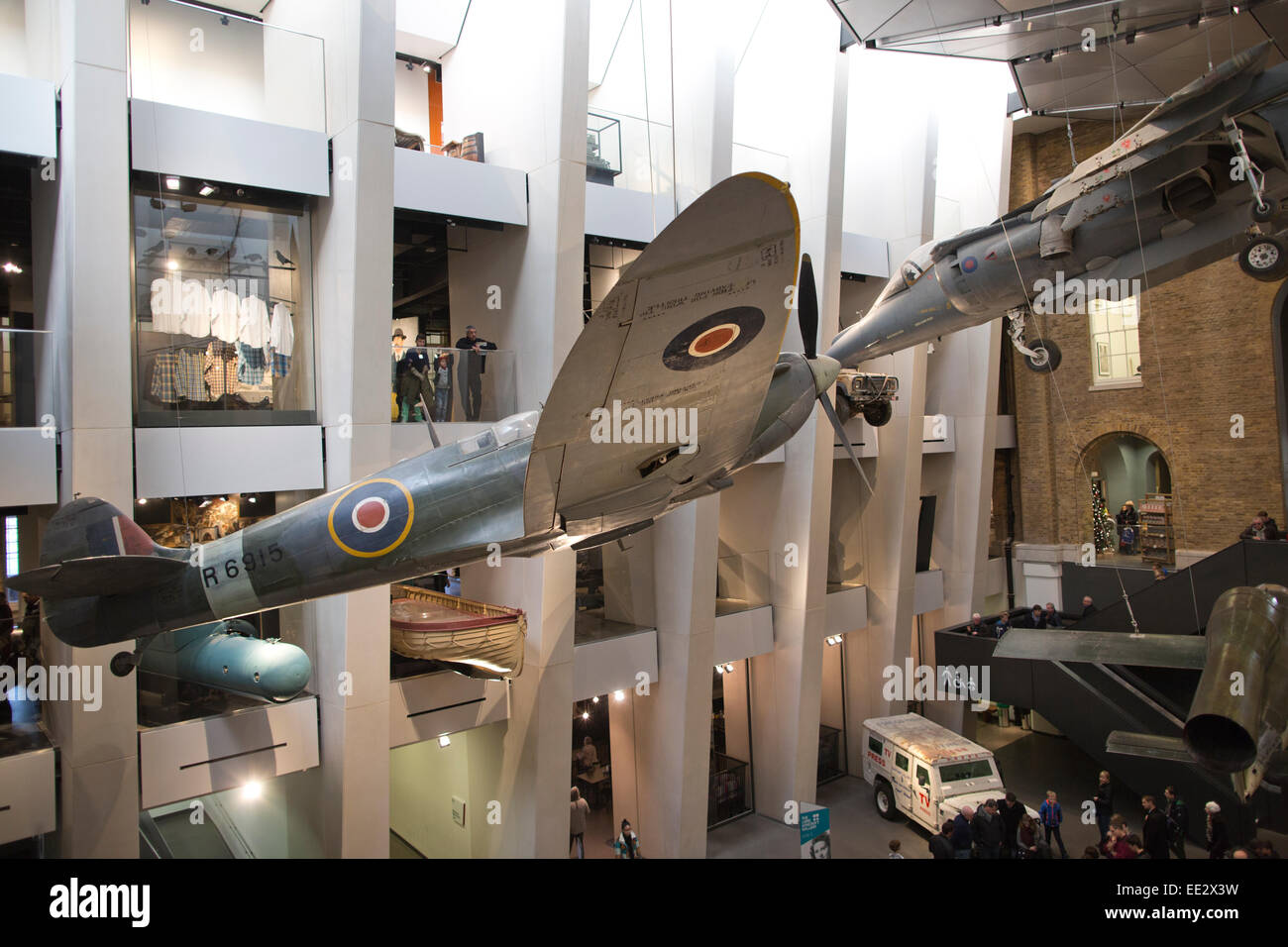 V-1 rocket, Harrier and Spitfire suspended in the atrium, exhibited at ...