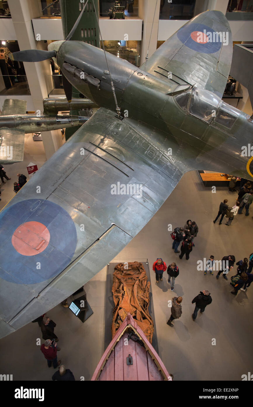 Spitfire hanging in the atrium, exhibited at the Imperial War Museum ...