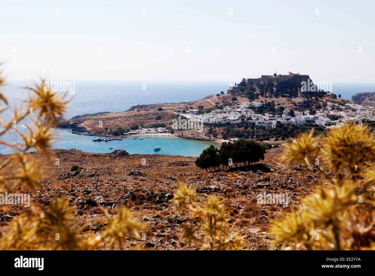 Lindos, ancient Greek village on Rhodes island. Aerial view Stock Photo ...