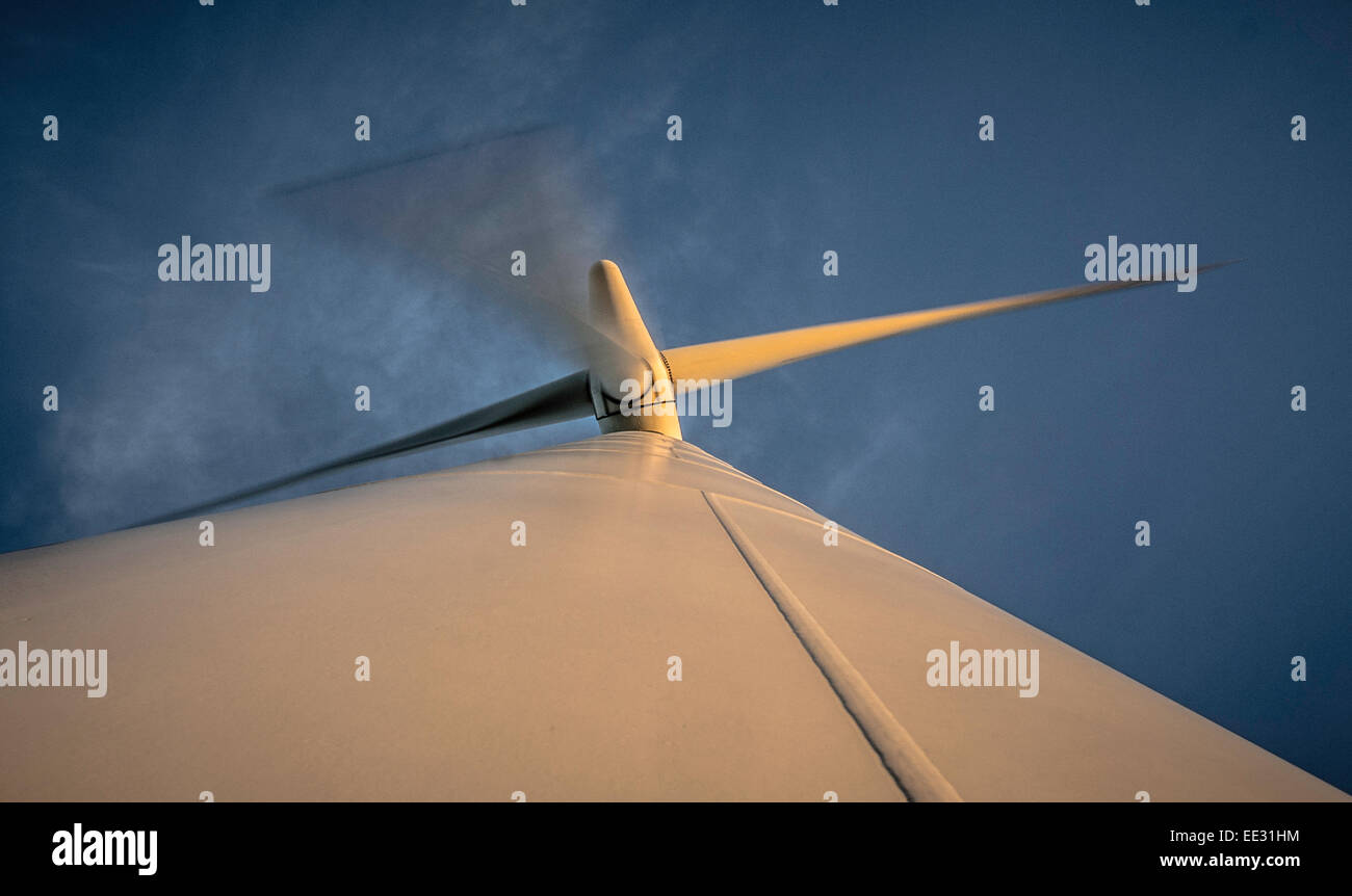 Looking up the tower of a wind turbine on a winter day at the Westmill ...
