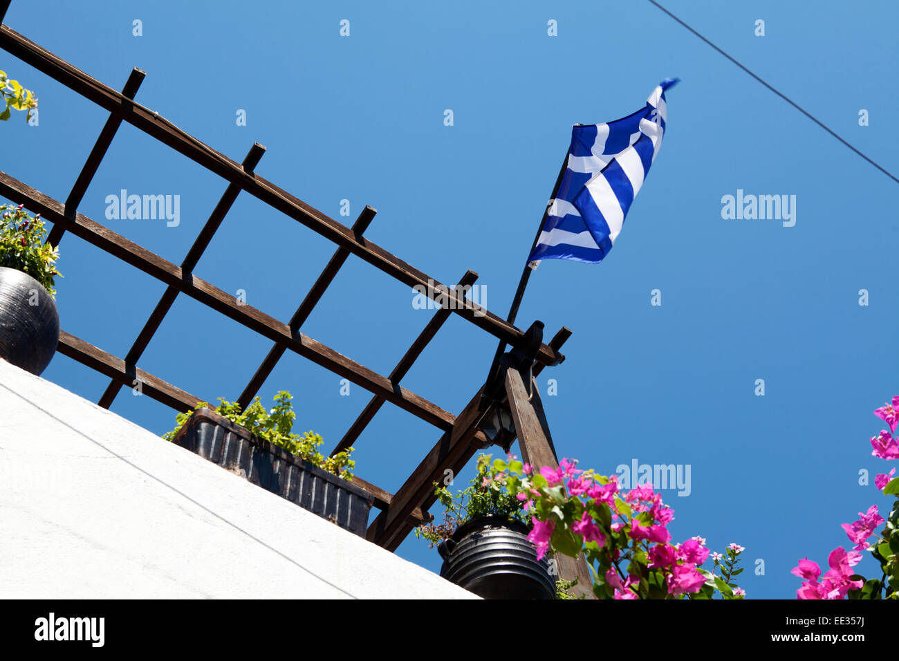 Detail of a Greek traditional house with roof terrace. Lindos, Rhodes ...