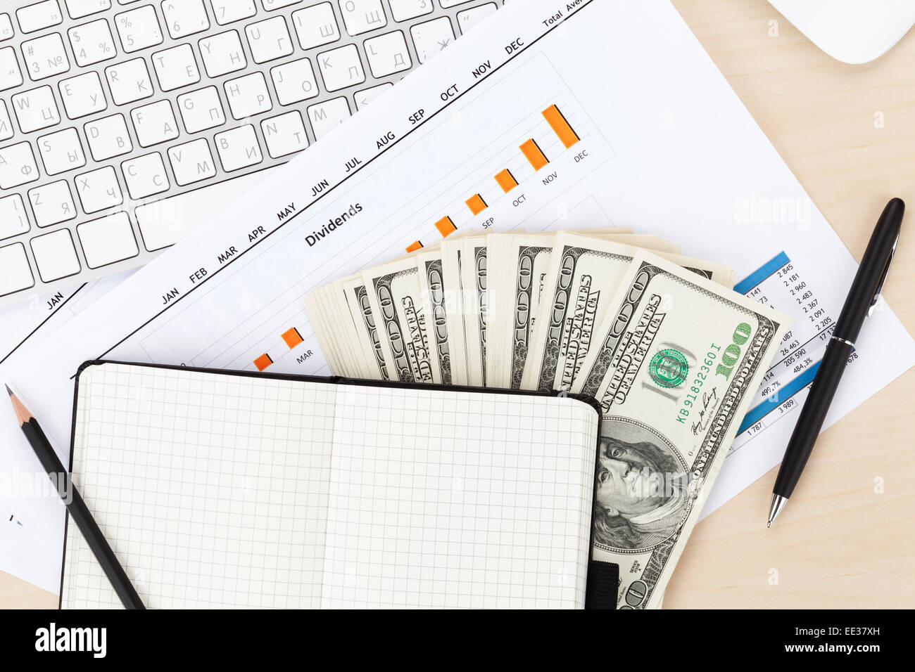 Office table with pc, supplies and money cash. View from above Stock ...