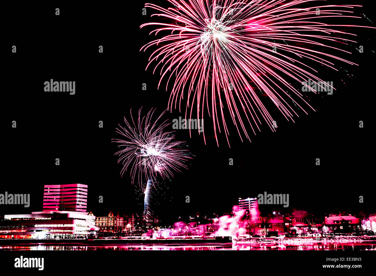 Pink Fireworks Over Downtown Umeå, Sweden Stock Photo - Alamy