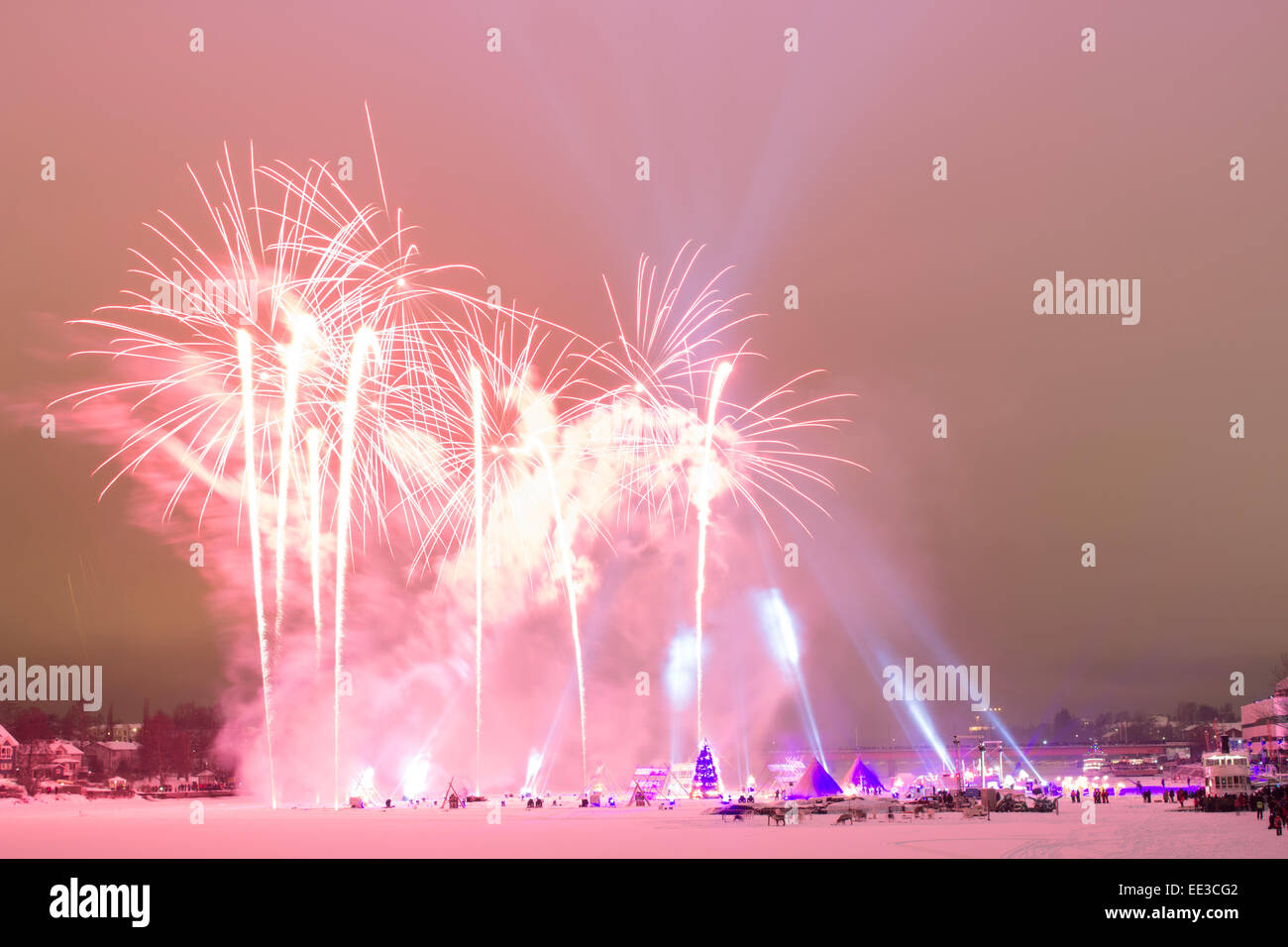 Pink Fireworks on Frozen River Stock Photo - Alamy