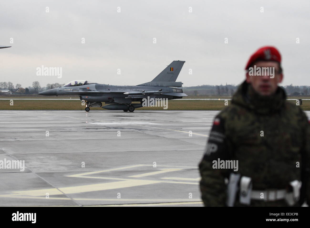 Krolewo Malborskie, Poland 13th, Jan. 2015 Belgian F16 fighters sits at ...