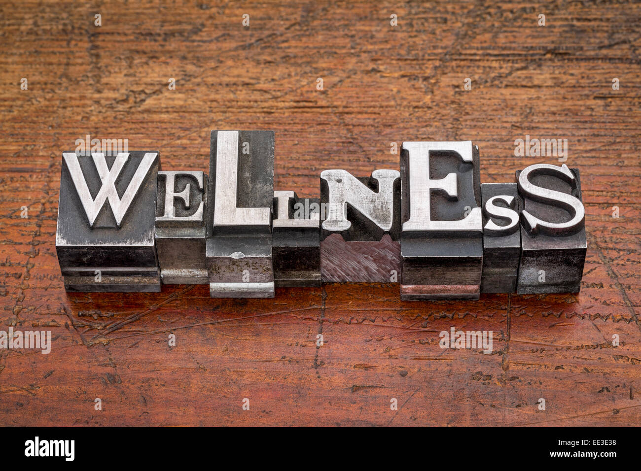 wellness word in mixed vintage metal type printing blocks over grunge ...
