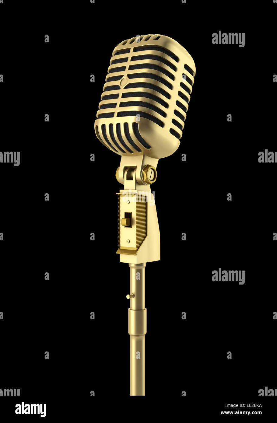 golden vintage microphone isolated on black background Stock Photo - Alamy