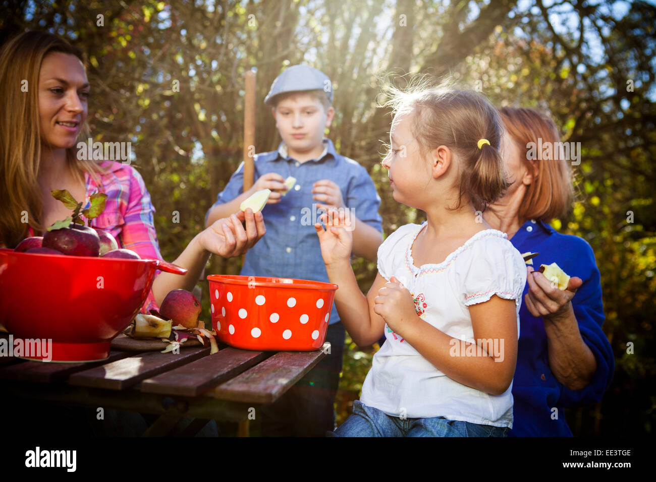 Multi-generation family peeling apples, Munich, Bavaria, Germany Stock ...