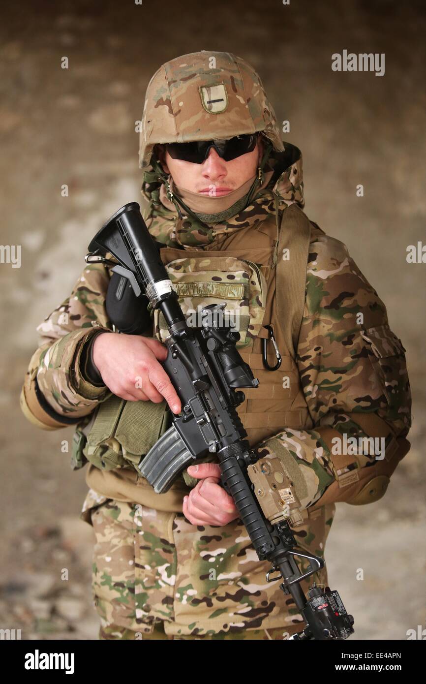 A Georgian army soldier during training near the border with Azberjan ...