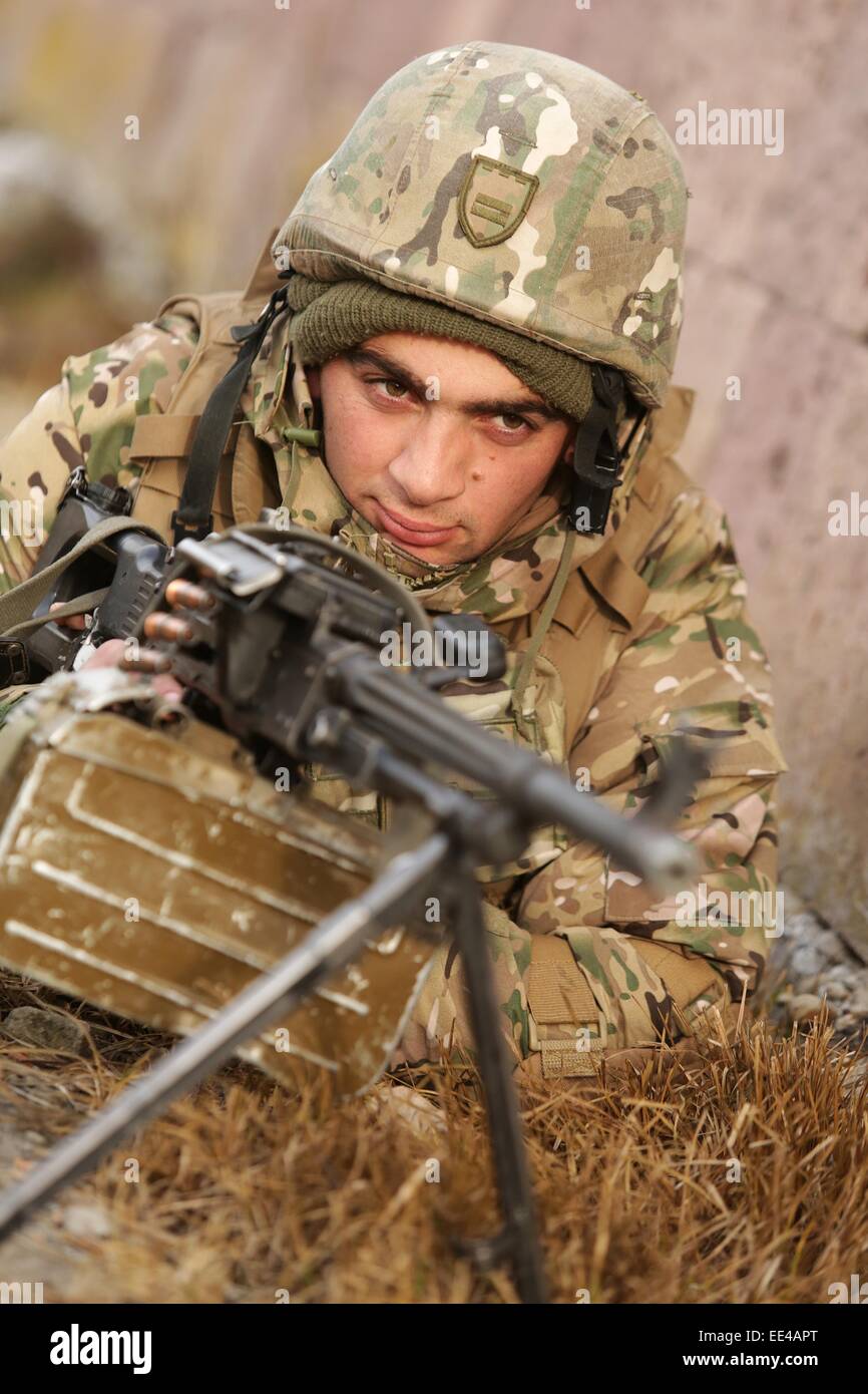 A Georgian army soldier during training near the border with Azberjan ...