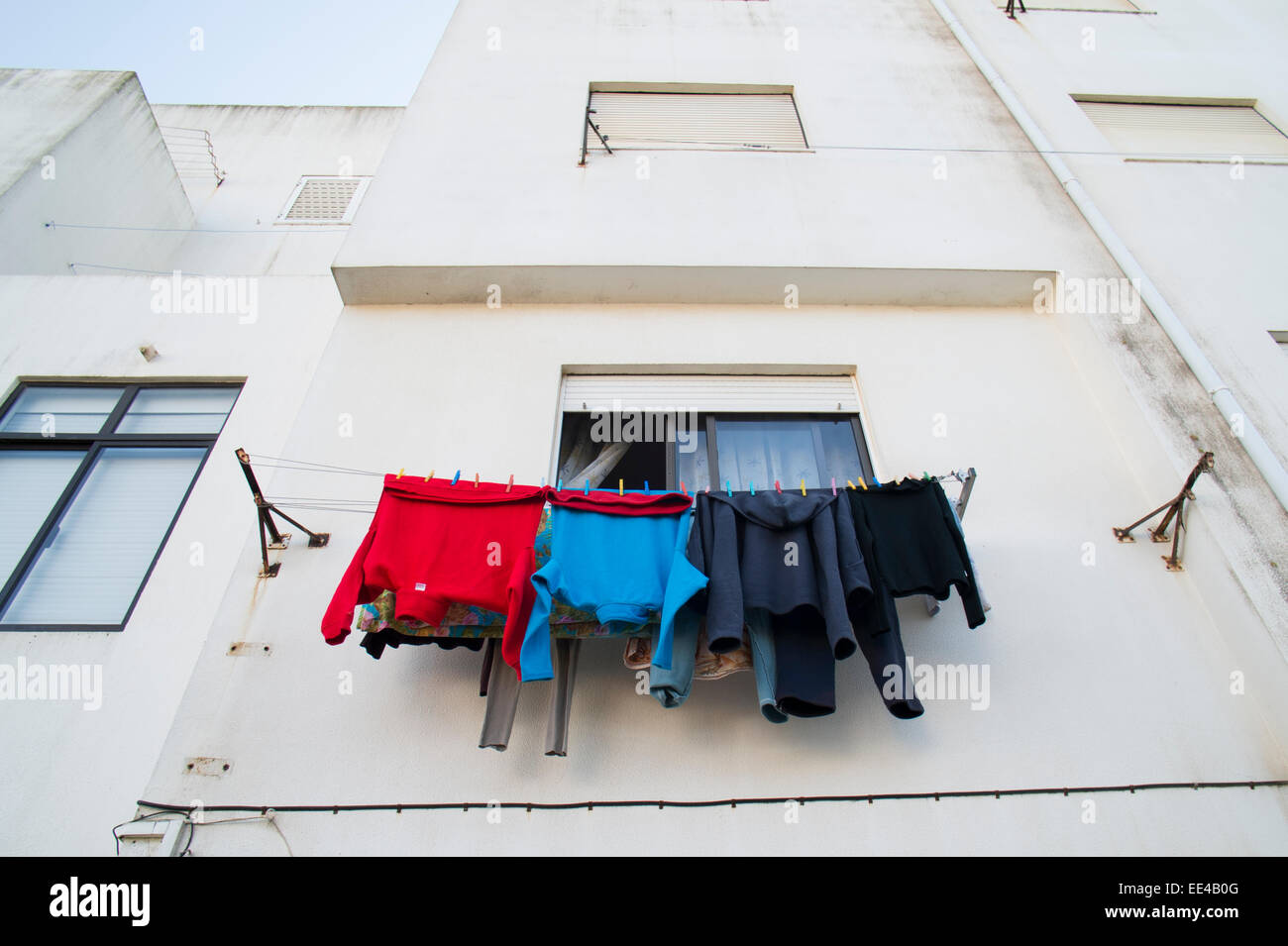 washing on line outside window in Albufeira Algarve Portugal Stock ...