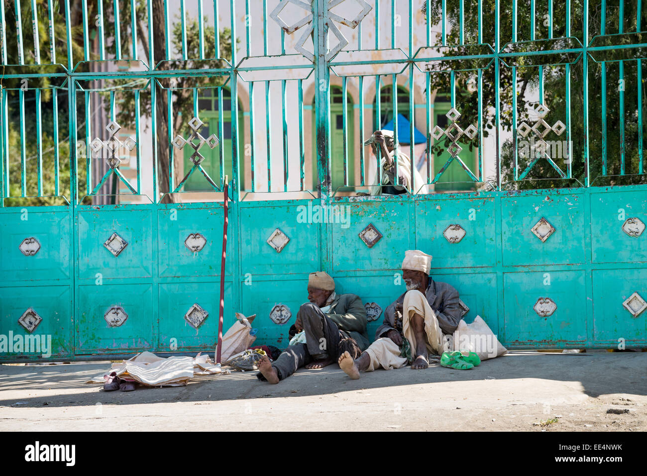 Enda Kidane Mihret church, Beggars in front of the church gate in ...