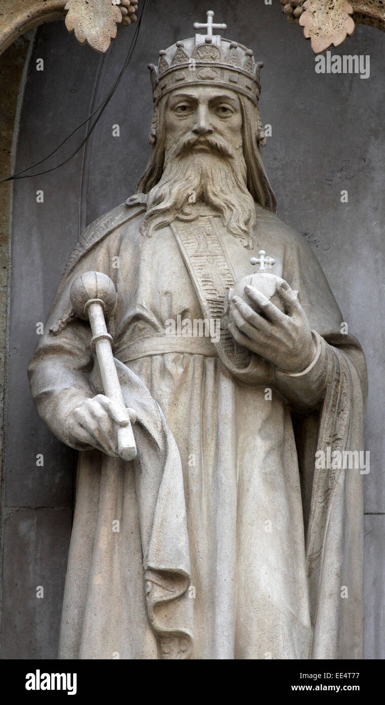 Statue of St. Stephen the king on the portal of the Zagreb cathedral ...