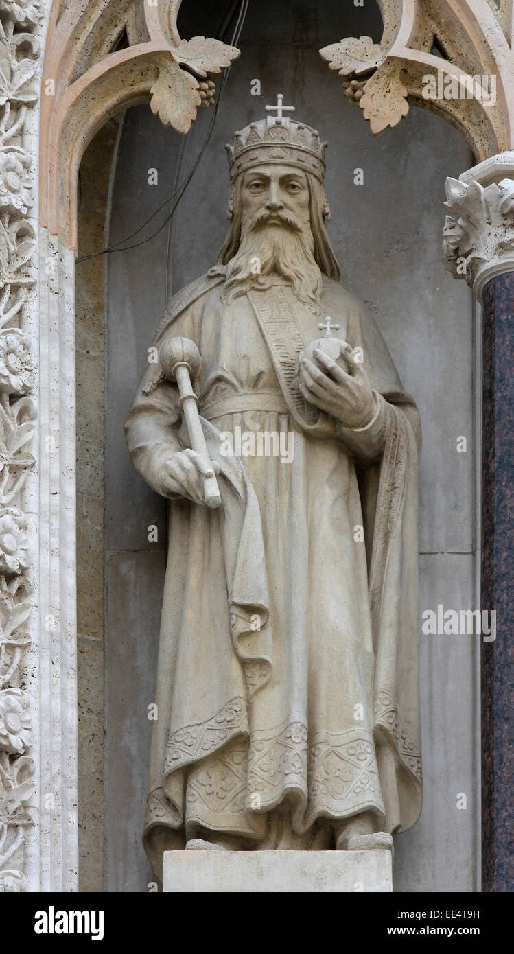 Statue of St. Stephen the king on the portal of the Zagreb cathedral ...