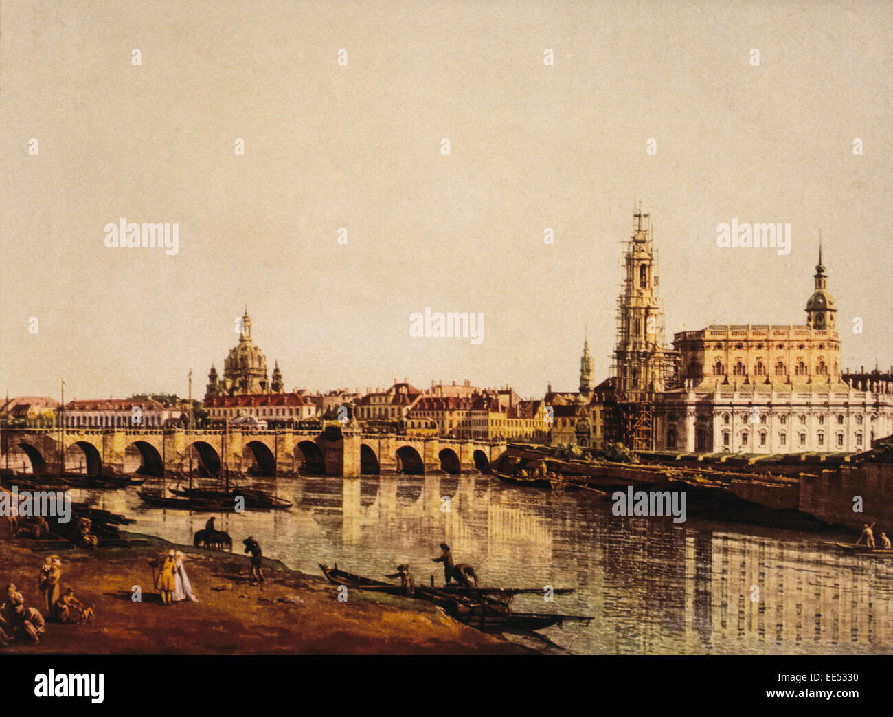 Dresden seen from the Right Banks of the river Elbe below the bridge ...