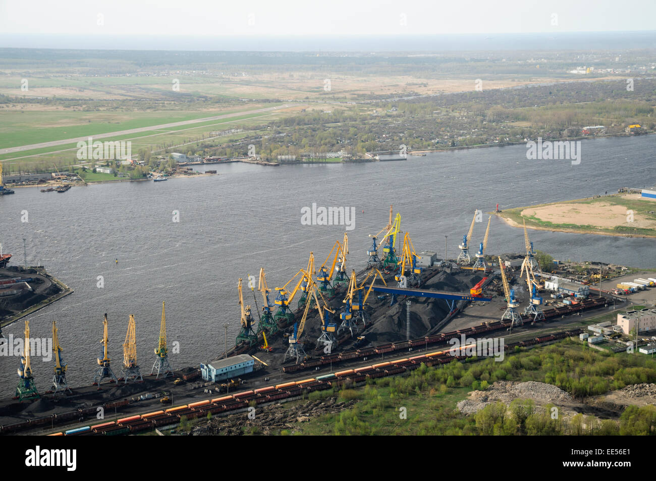 Aerial view of port terminal for coal loading in Riga harbor Stock ...