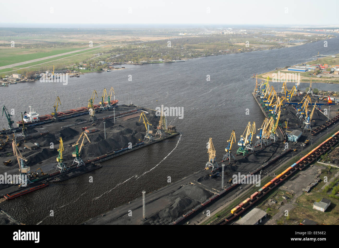 Aerial view of port terminal for coal loading in Riga harbor Stock ...