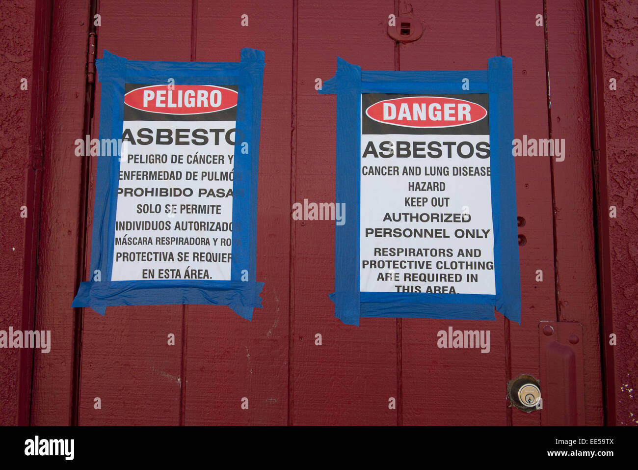Asbestos Warning Signs in English and Spanish at Construction Site, San ...
