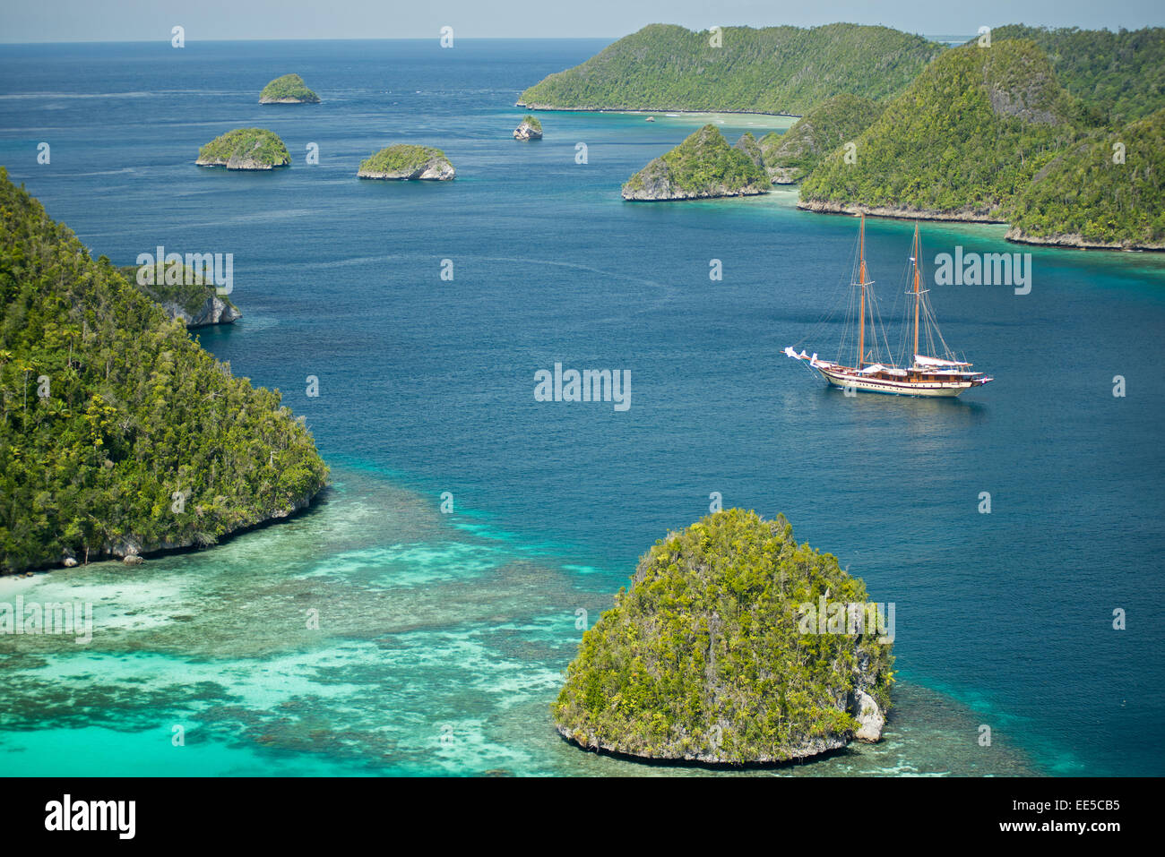 Scenic View Of Wayag Islands And Sailing Boat Lamima Raja Ampat