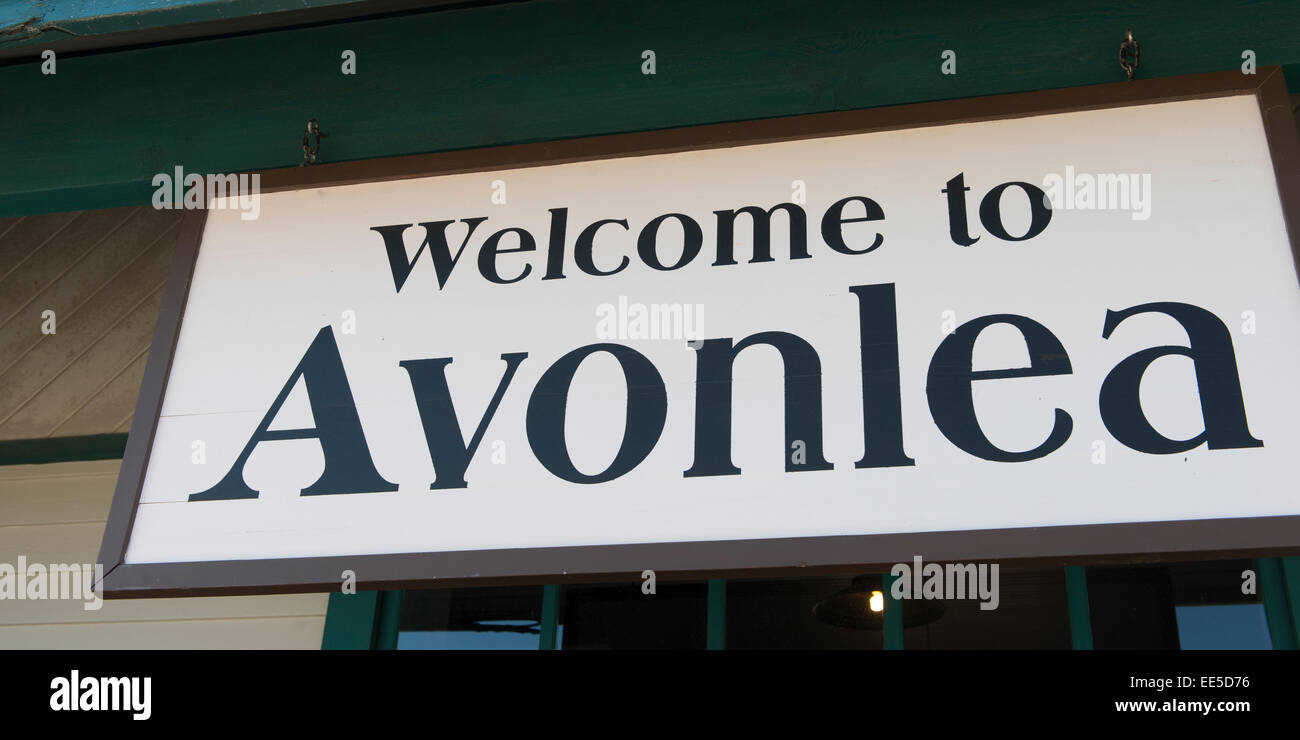 Close-up of welcome sign to Avonlea, Green Gables, Prince Edward Island ...