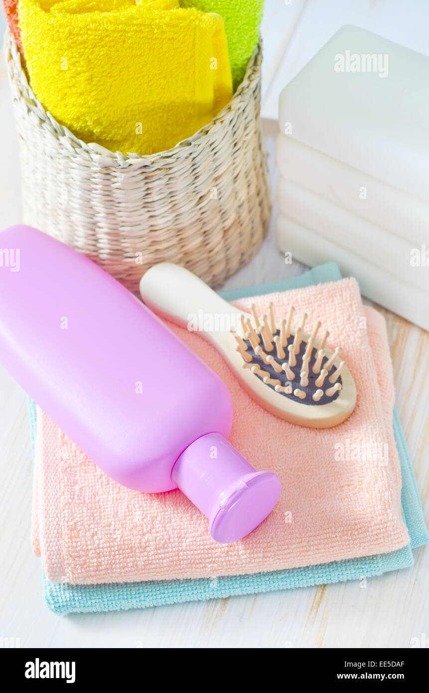 color towels and shampoo Stock Photo - Alamy