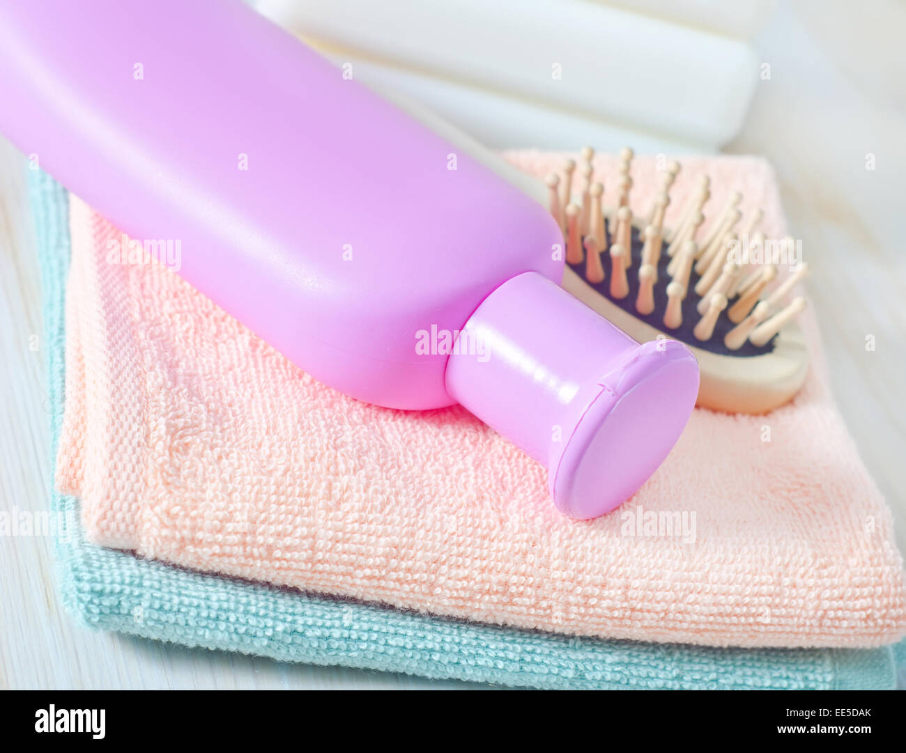 color towels and shampoo Stock Photo - Alamy