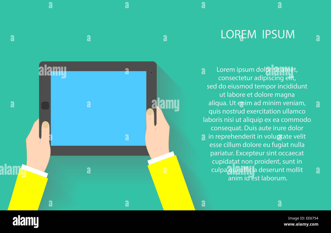 Hands holding touch screen tablet pc with blanc blue screen. Vector ...