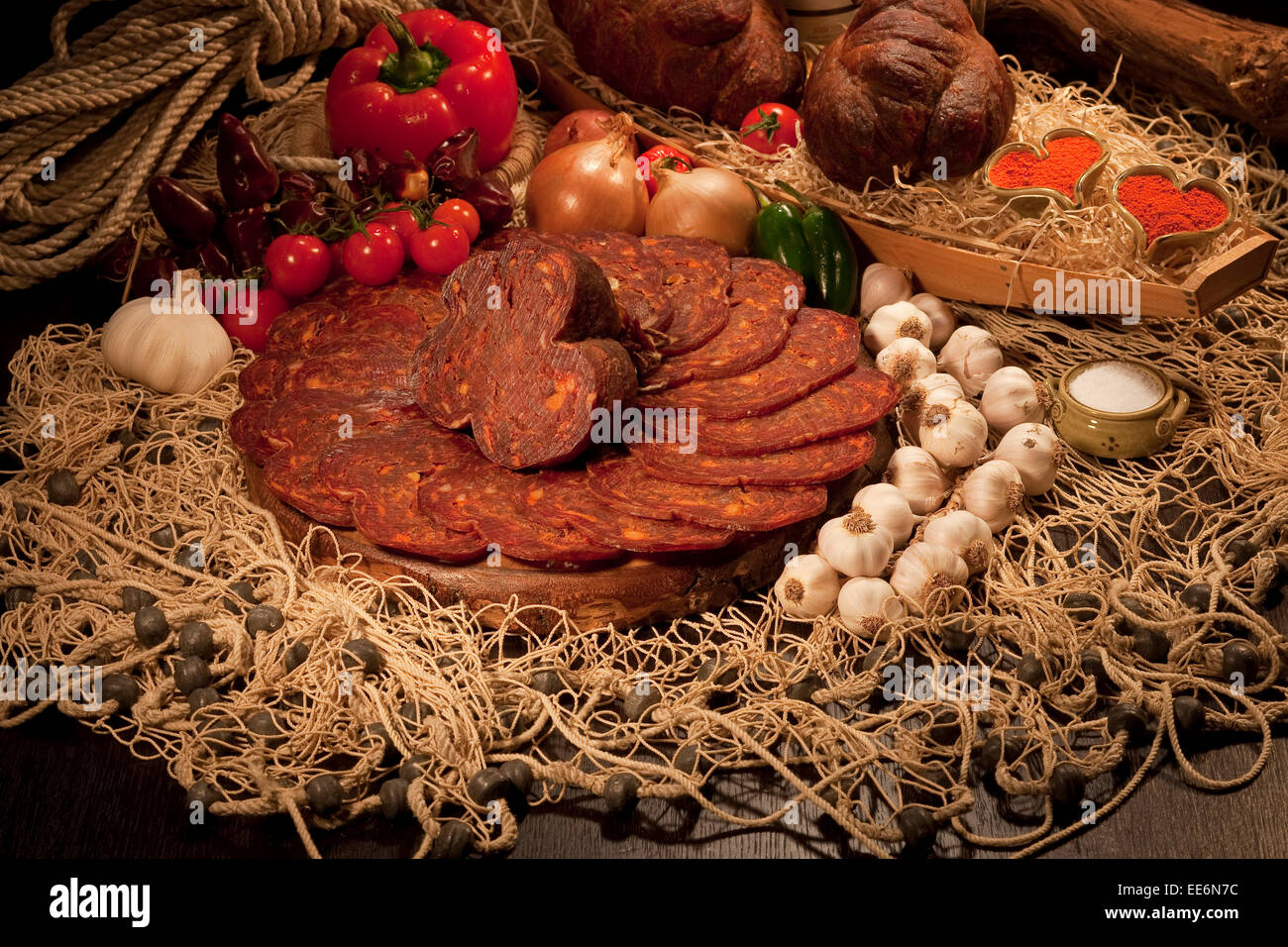 Rustic buffet with salami and garlic, Baranja, Croatia Stock Photo - Alamy