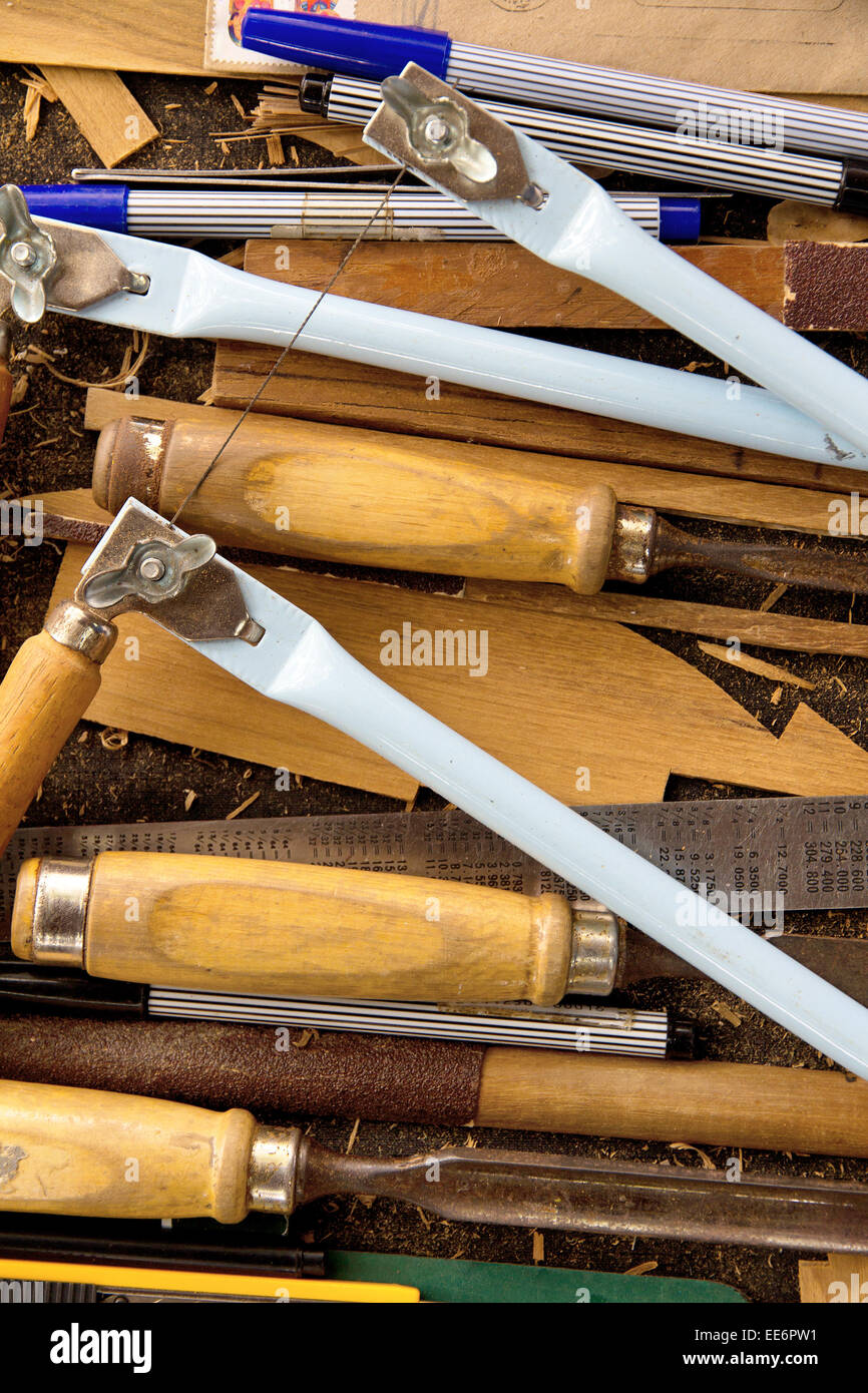 Wood carving tool background Stock Photo - Alamy