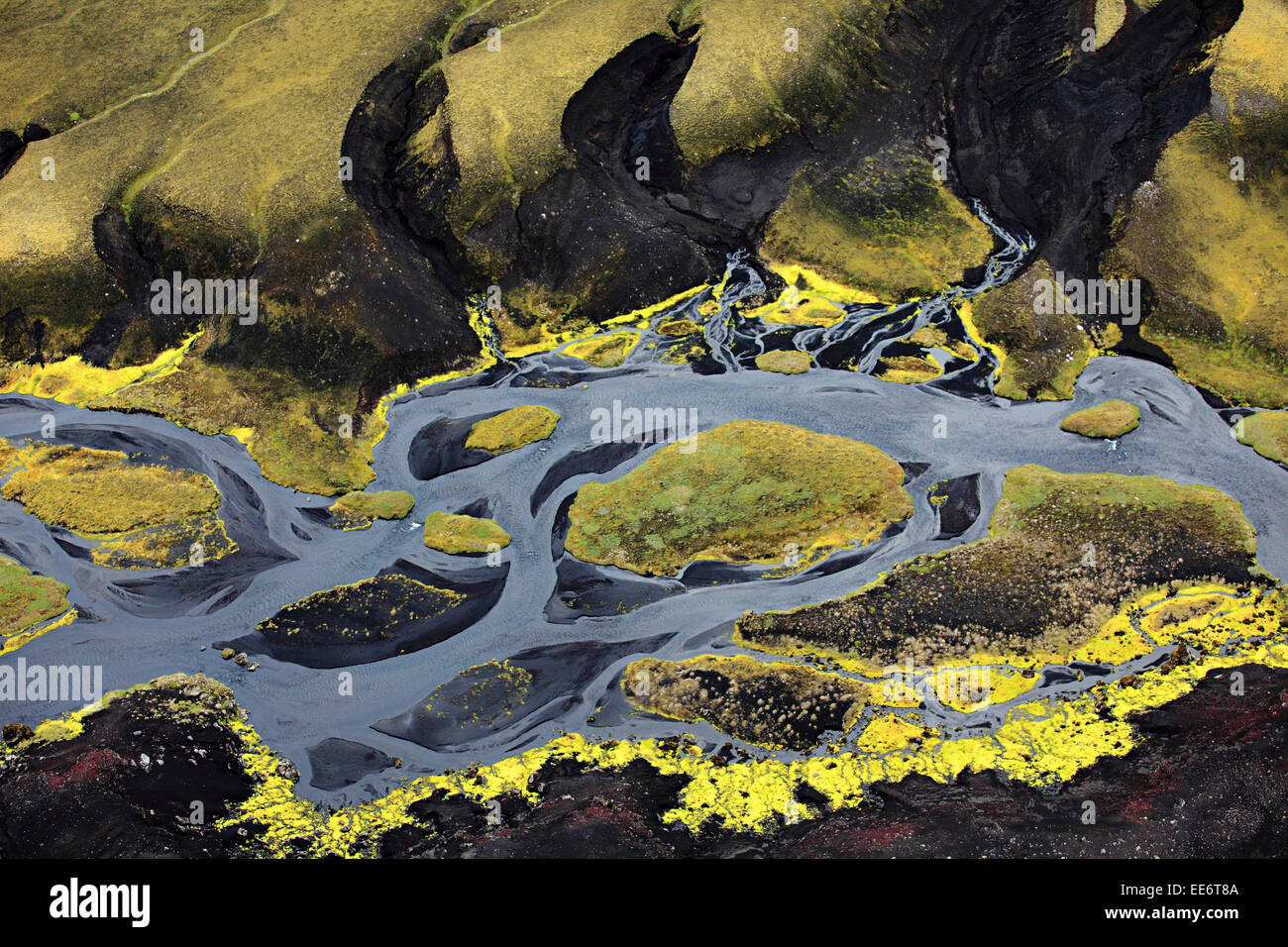 Aerial view of meandering riverbed and rock formation, Landmannalaugar ...