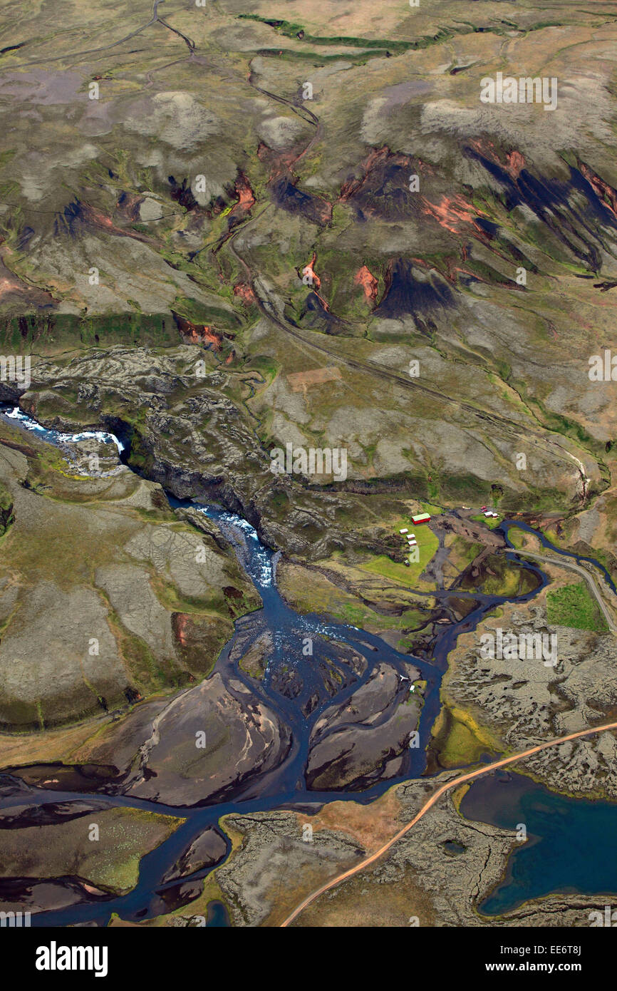 Aerial view of meandering riverbed and rock formation, Landmannalaugar ...