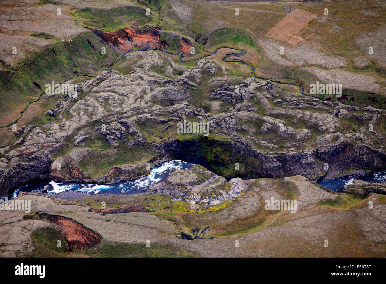 Aerial view of riverbed and rock formation, Landmannalaugar, Iceland ...